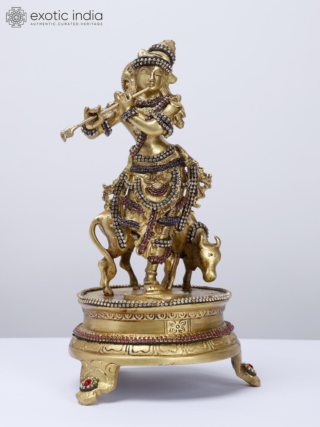 10" Cow Krishna | Brass Statue With Stone Work - Etsy