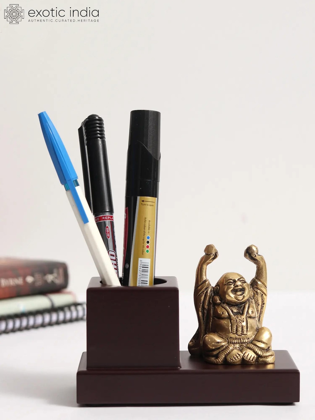 4" Laughing Buddha Pen Stand | Brass and Wood - Etsy
