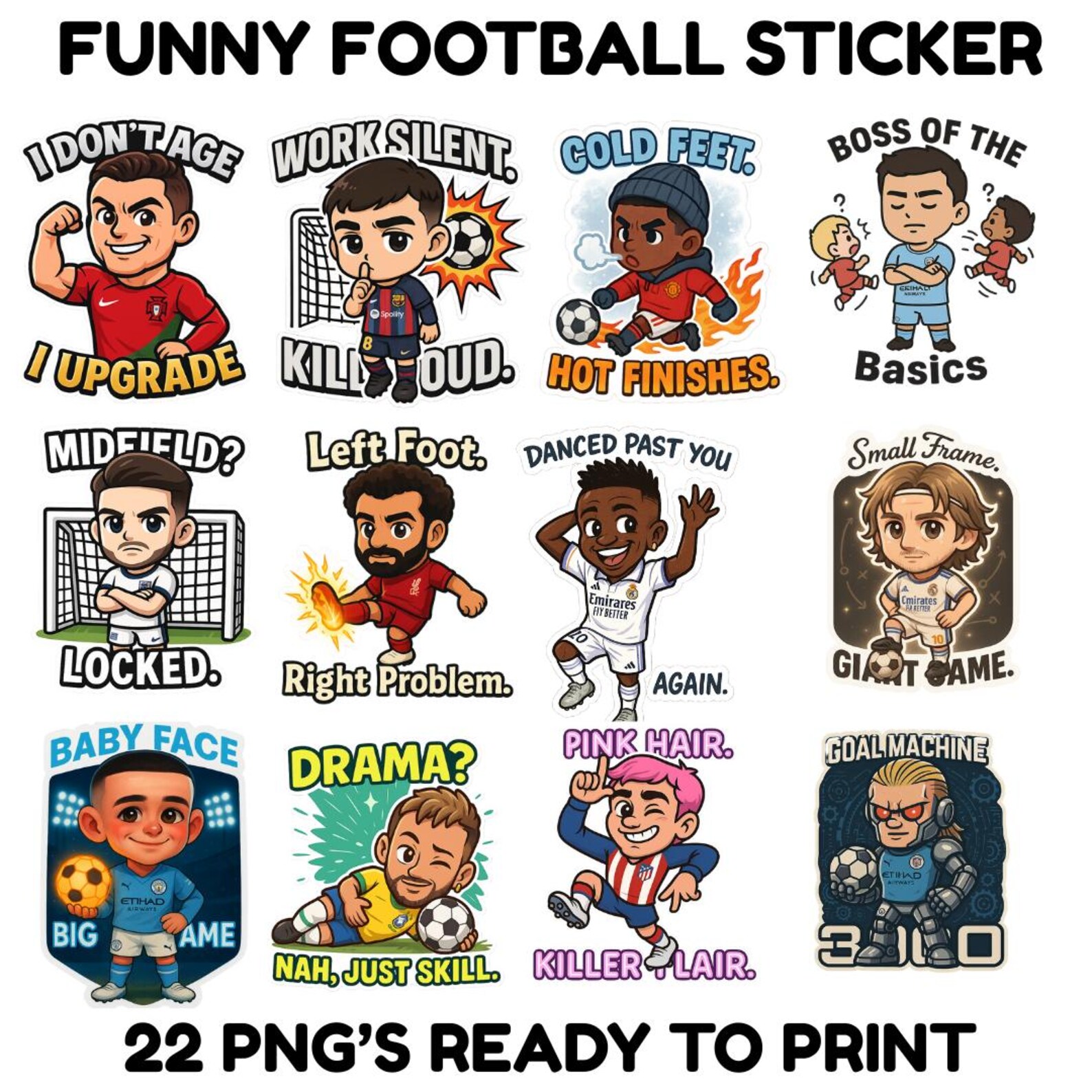 Chibi Football Stars PNG Stickers: Ronaldo, Messi, Haaland (digital ...