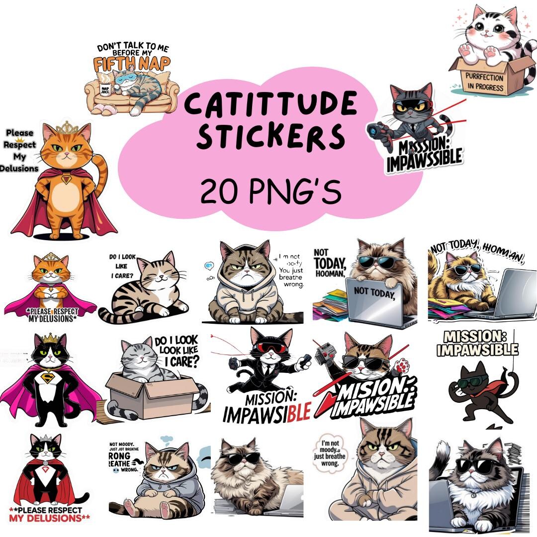 20 Cute Cat Digital Stickers | Sassy Cat Sticker – Funny | Cat Clipart ...
