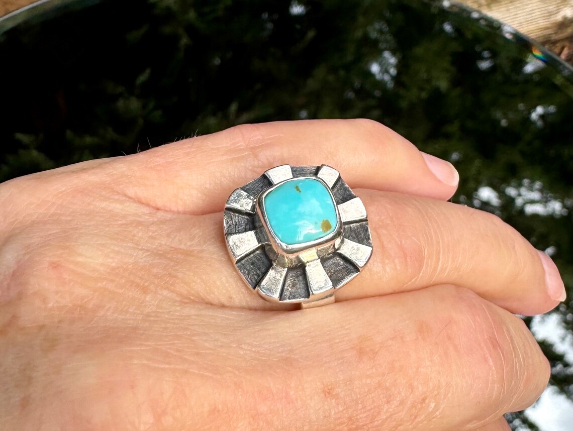 Artist Made Turquoise Modernist Sunburst Ring Signed AR - Etsy
