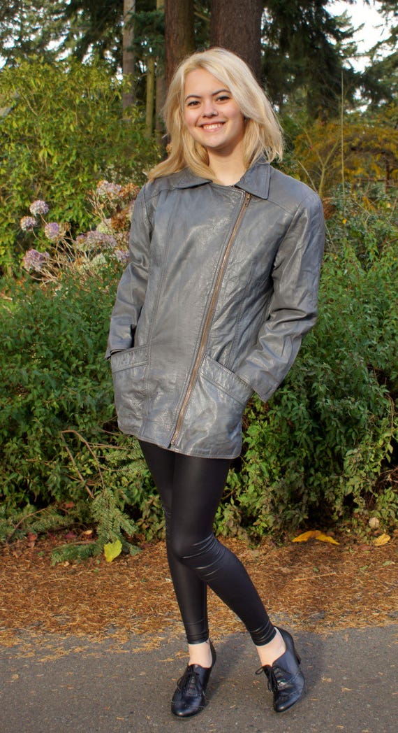 80's Mob Wife Gray Leather Moto Motorcycle Jacket - Gem