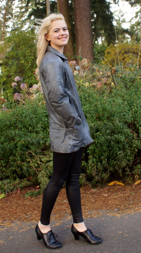 80's Mob Wife Gray Leather Moto Motorcycle Jacket - Gem