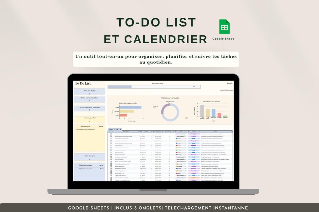 Google Sheets To-do List Planner in French | Automatic Calendar | Task ...
