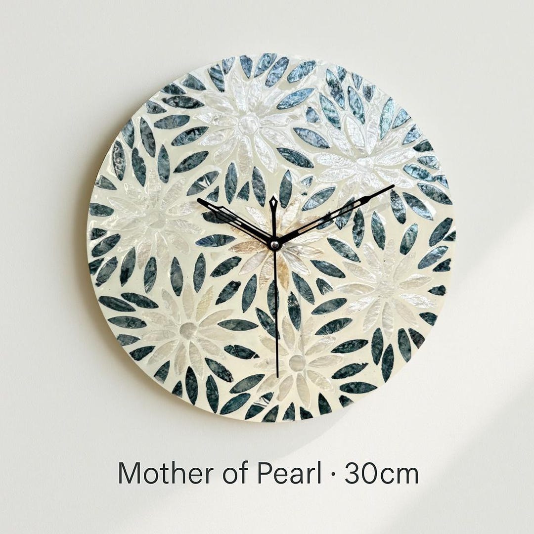 Handmade Mother of Pearl Wall Clock, Coastal Flower Mosaic (30cm ...