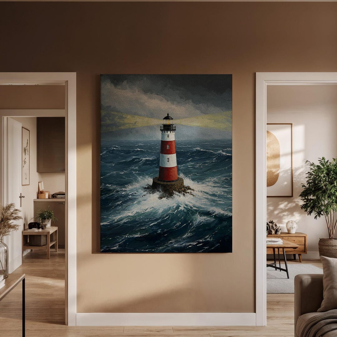 Framed Lighthouse Ocean Wall Art Canvas Print, Red and White Beacon in ...