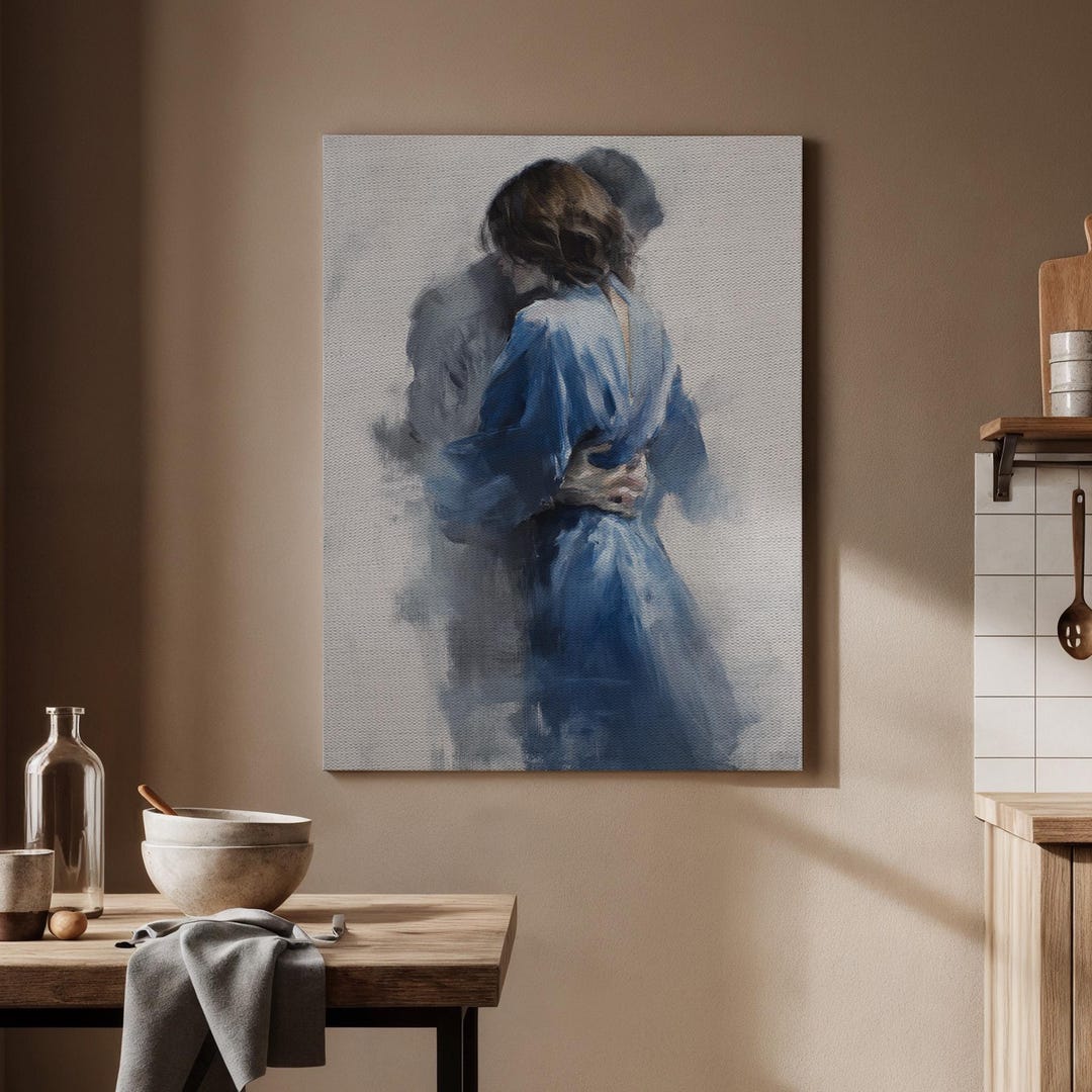 Romantic Embrace Framed Canvas, Soft Blue Couple Art, Emotional Lovers ...