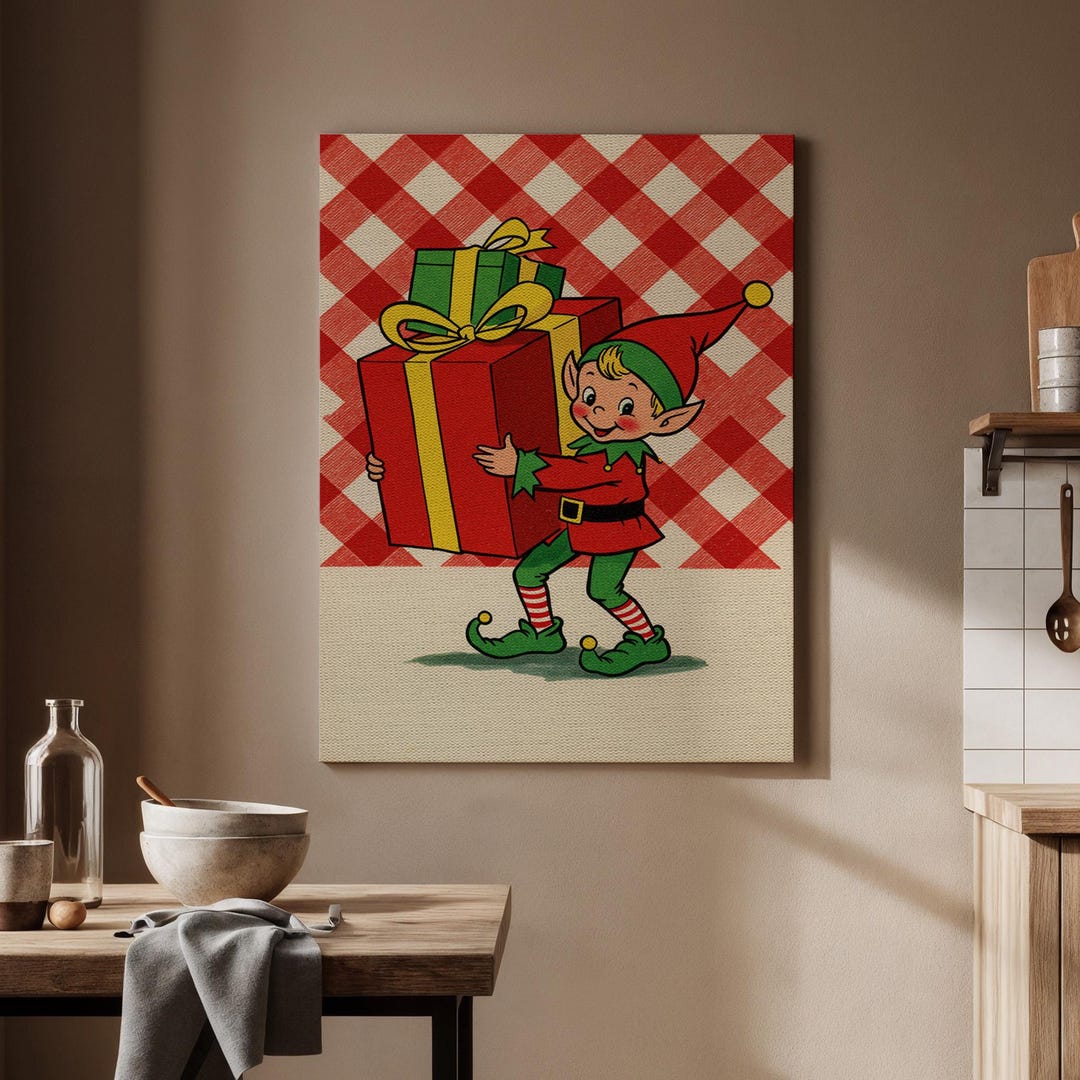 Christmas Elf With Gifts Canvas Wall Art, Retro Holiday Decoration ...