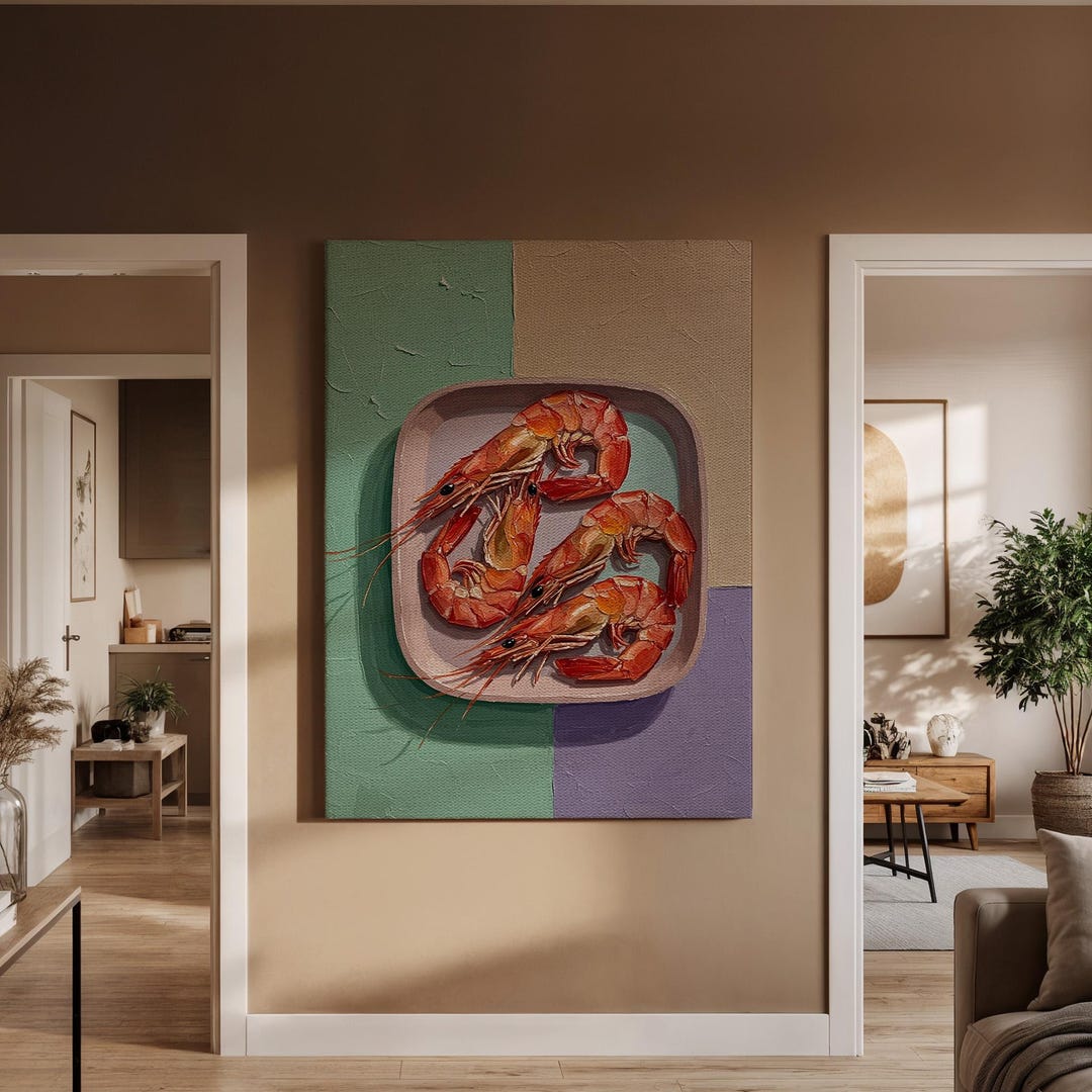 Shrimp Canvas Print, Vibrant Food Art With Color Blocks, Bold Modern ...