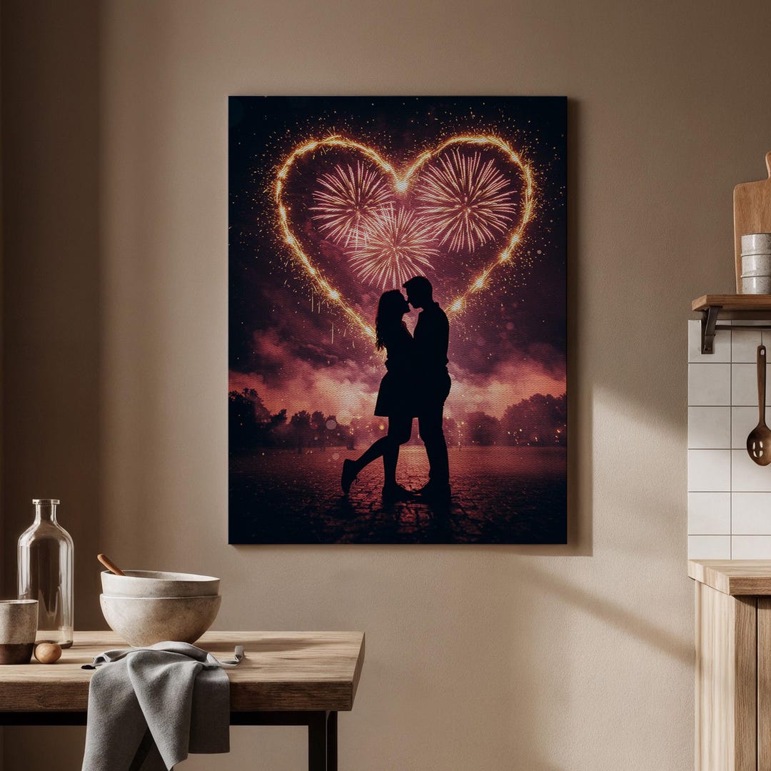 Firework Heart Kiss, Romantic Night Art, Couple Silhouette Canvas ...