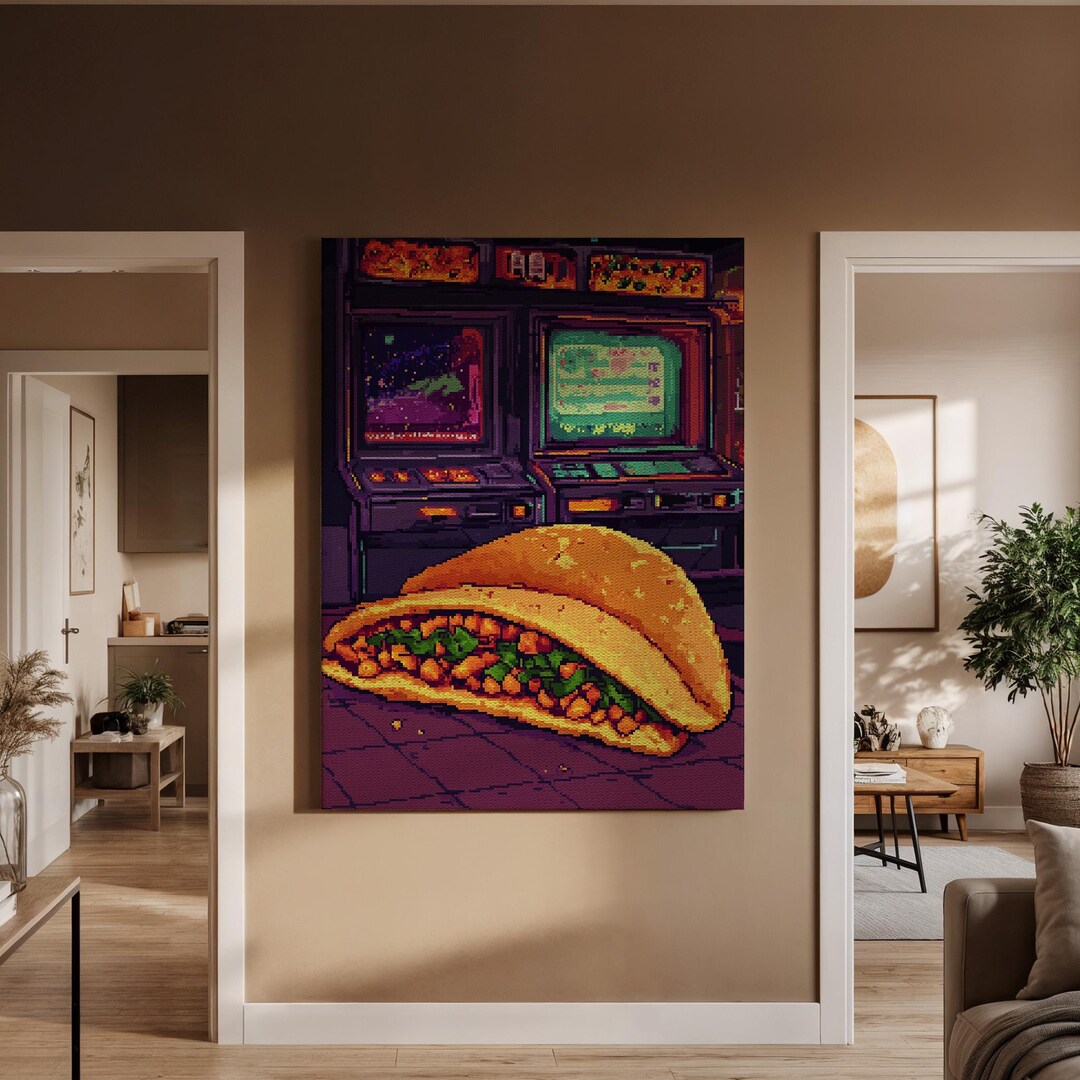 Pixel Art Taco Canvas Print, Retro Arcade Game Room Scene, Vibrant 8 ...