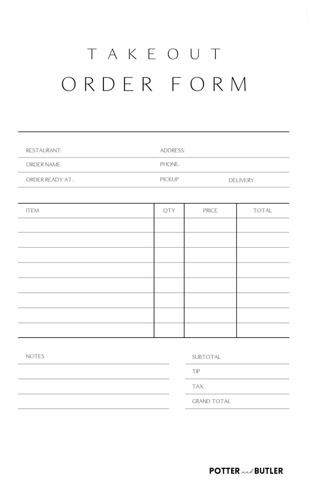 Takeout Order Form by Potter + Butler - Etsy