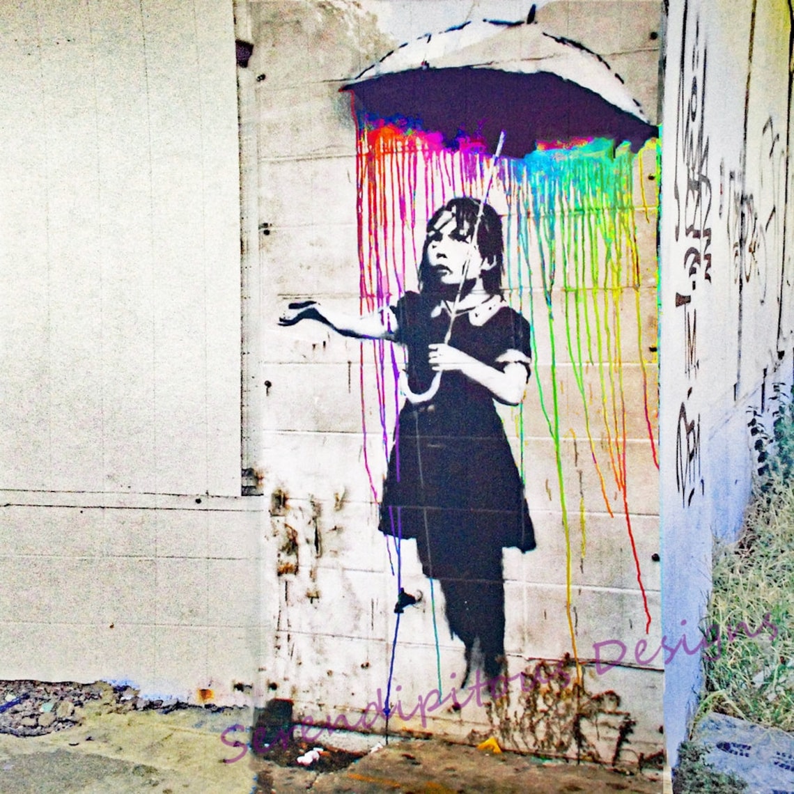 Banksy Umbrella Girl With Colorful Rain New Orleans Grafitti Photography Original Digital Art