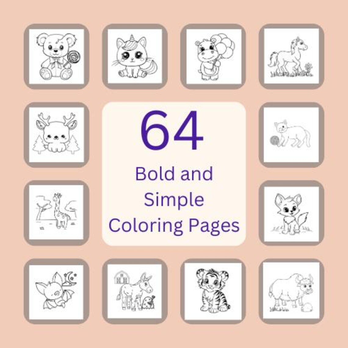 Cute Animal Coloring Pages, Bold and Simple Designs, Digital Download ...
