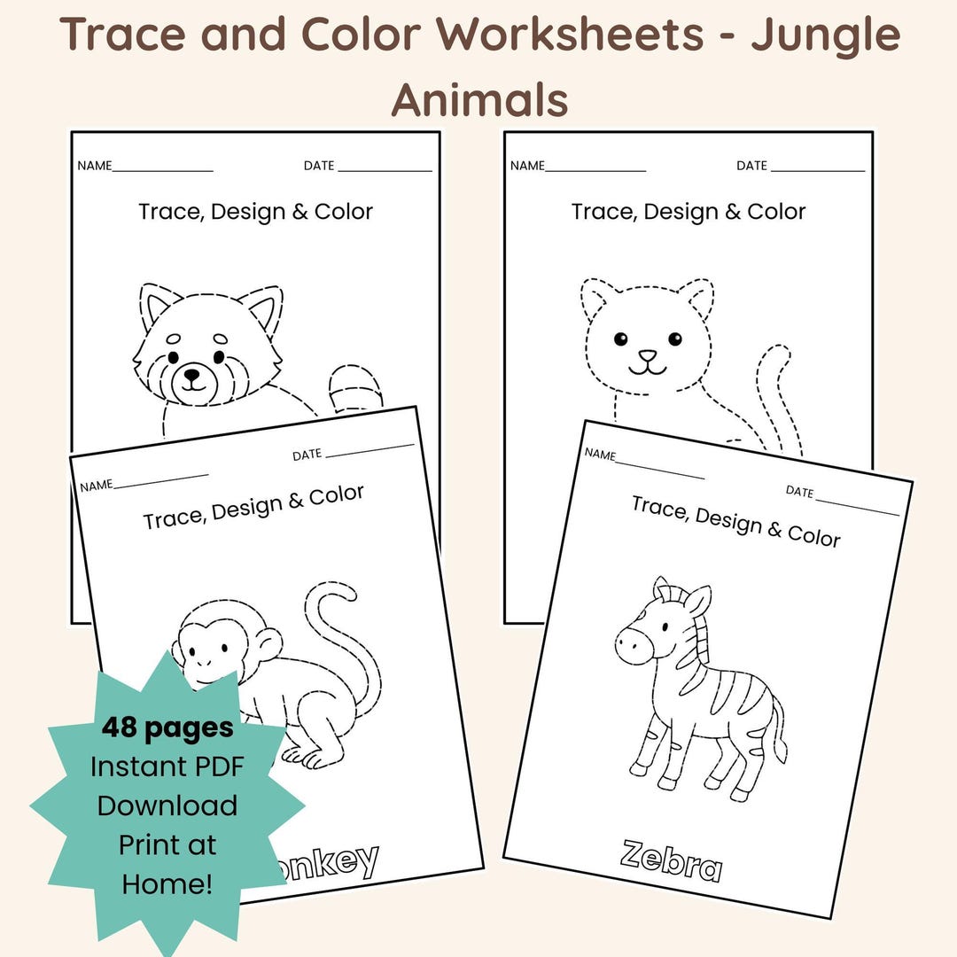 Jungle Animal Tracing Worksheet Printable Preschool Activity Fine Motor ...