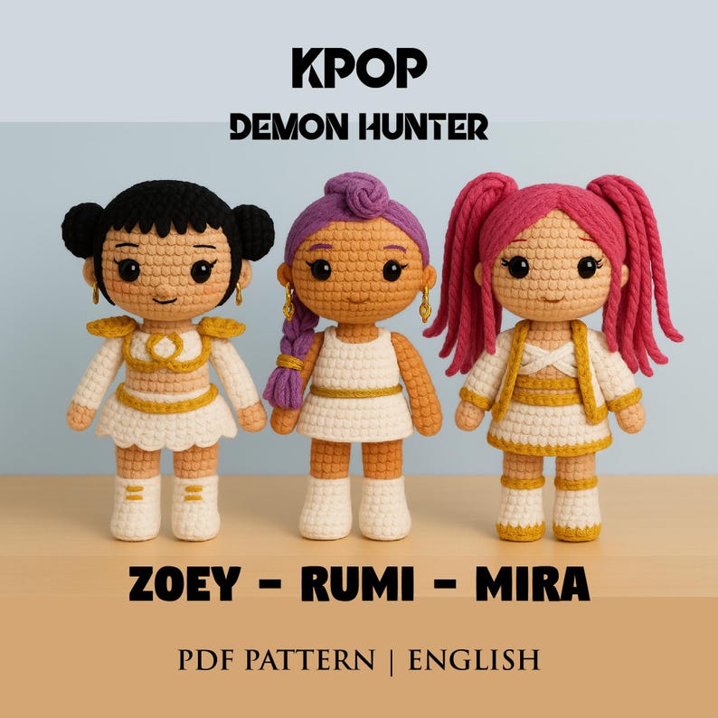 Kpop Demon Hunters Crochet Pattern | Rumi, Zoey, Mira Chibi Dolls ...