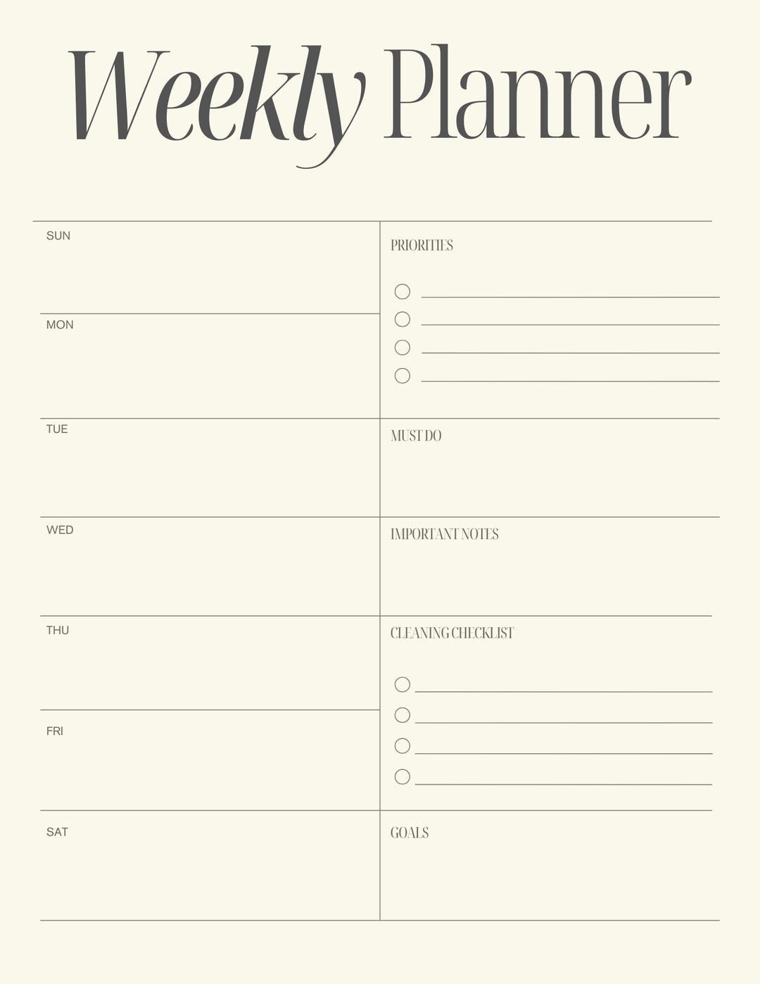 Neutral Weekly Planner | Sunday Through Saturday | Priorities | Must Do ...
