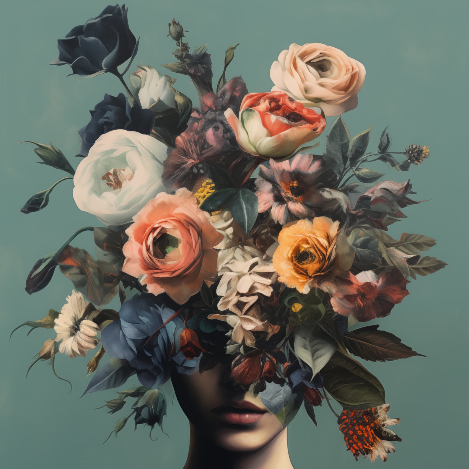 Altered Portrait, Eclectic Floral Print, Maximal Wall Art, Female ...