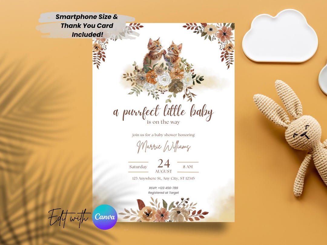 Editable Gender Neutral Cat Baby Shower Invitation, Autumn Floral ...
