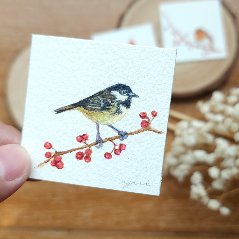 Set of 3 Original Mini Watercolor Winter Birds Hand-painted by Yui ...