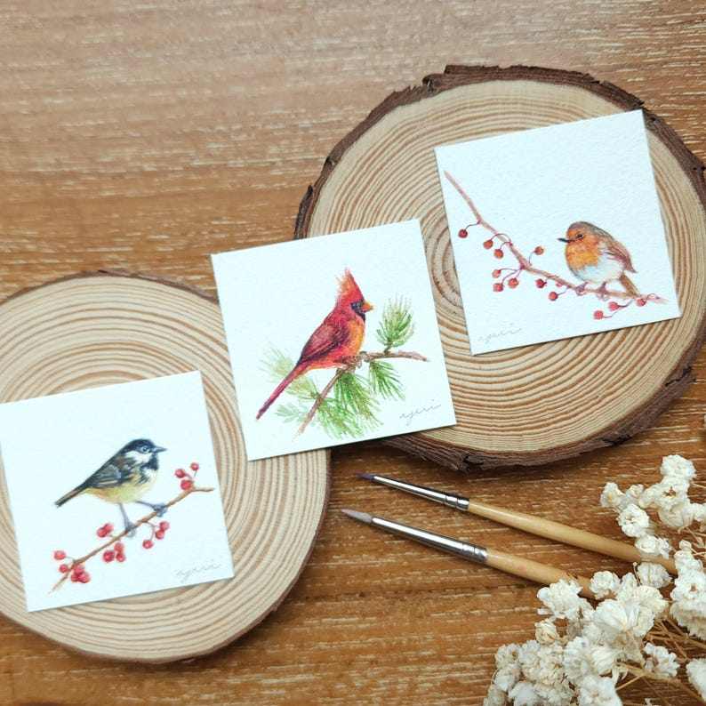 Set of 3 Original Mini Watercolor Winter Birds Hand-painted by Yui ...