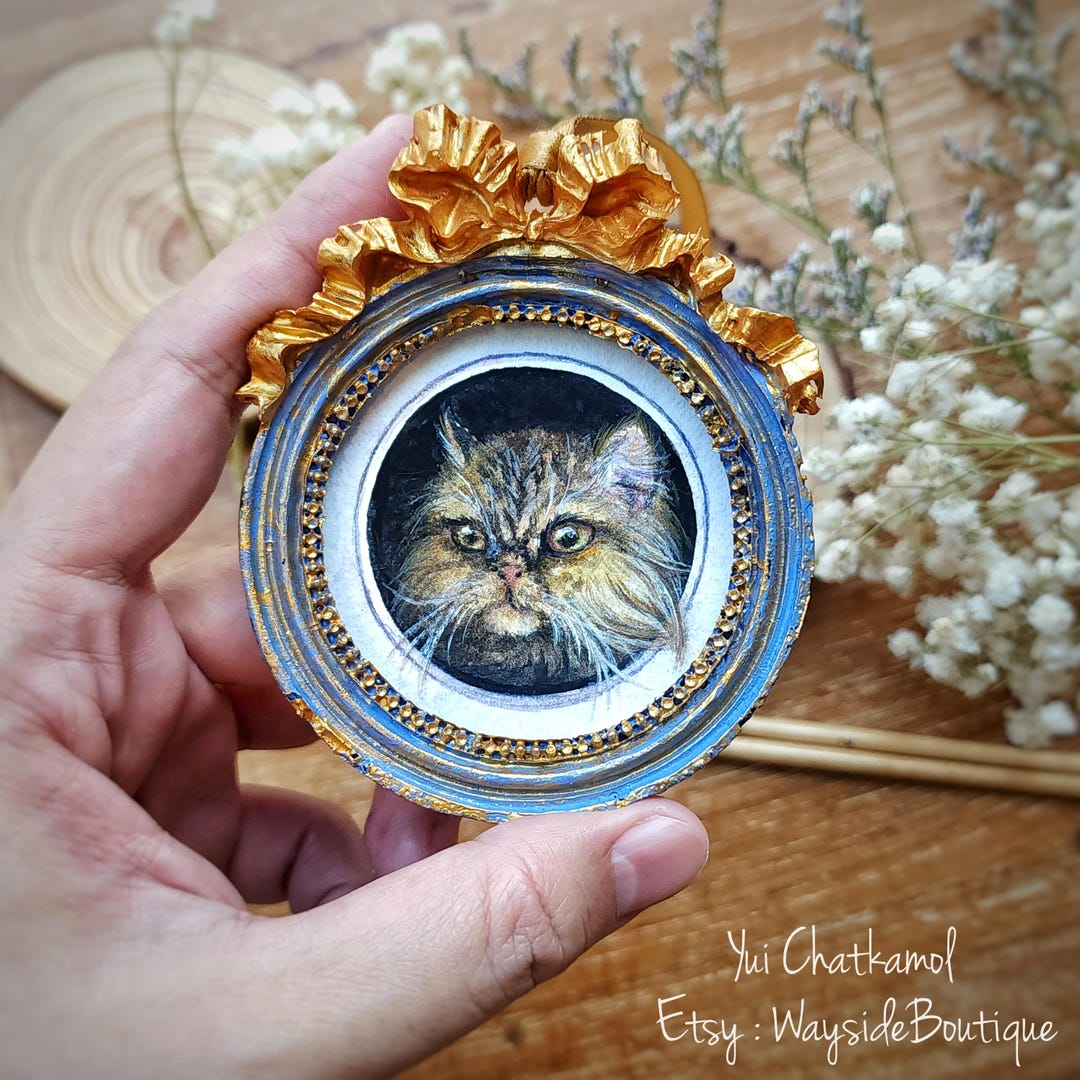 Original Tiny Cat Watercolor Painting With Handmade Rasin Frame ...