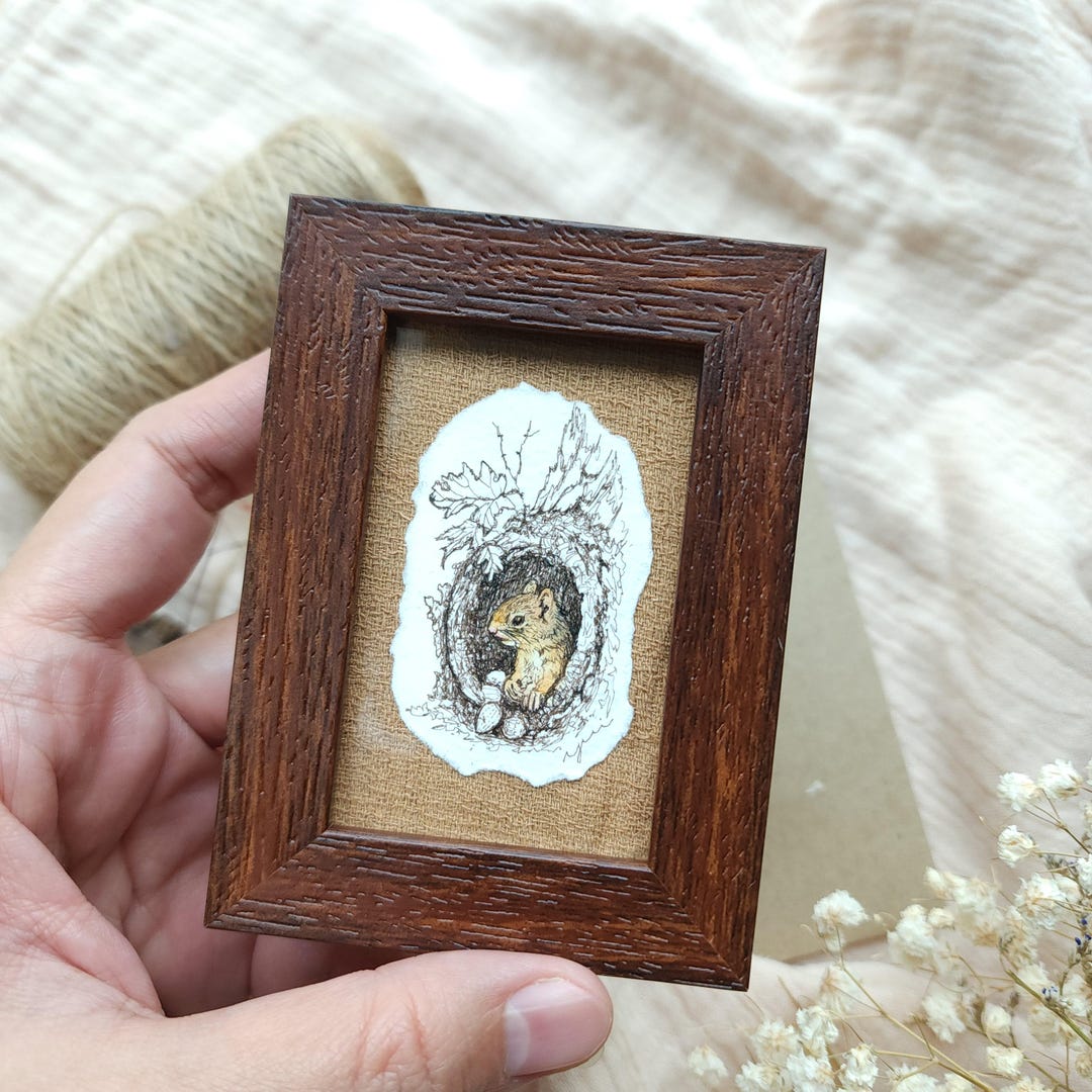 Original Hand-painted Mouse in Tree Hollow, Miniature Watercolor & Ink ...