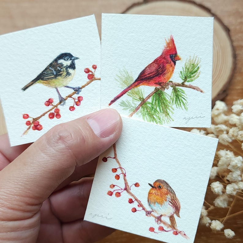 Set of 3 Original Mini Watercolor Winter Birds Hand-painted by Yui ...