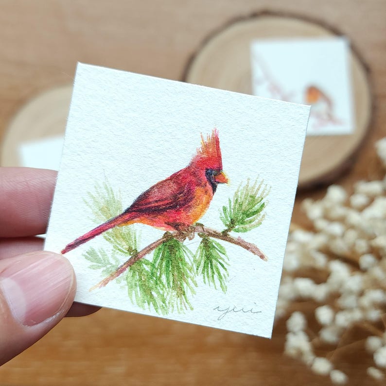 Set of 3 Original Mini Watercolor Winter Birds Hand-painted by Yui ...