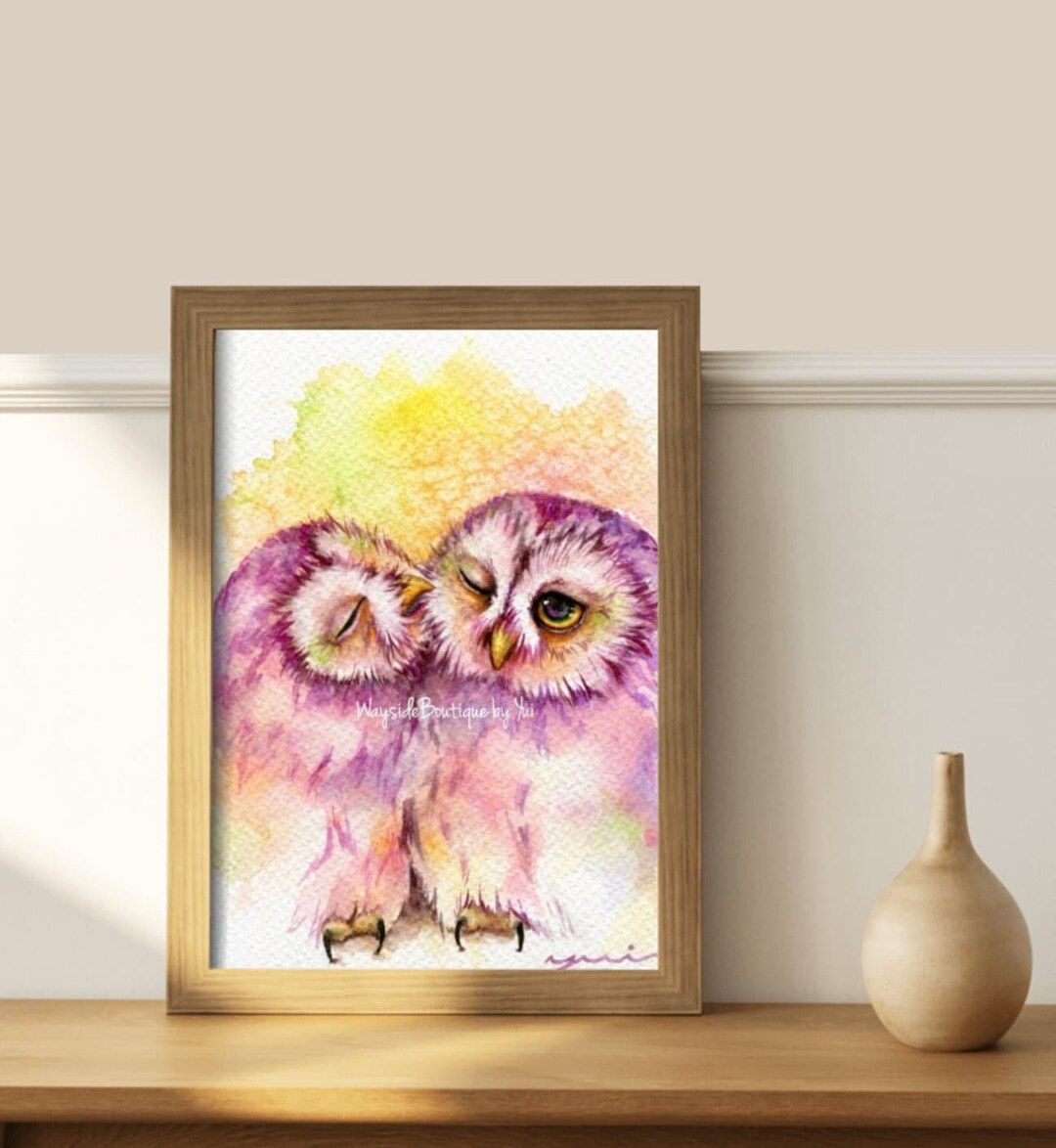 PRINT – Sweet Owls' Kiss: A Heartwarming Print of Two Pink Owls in a ...