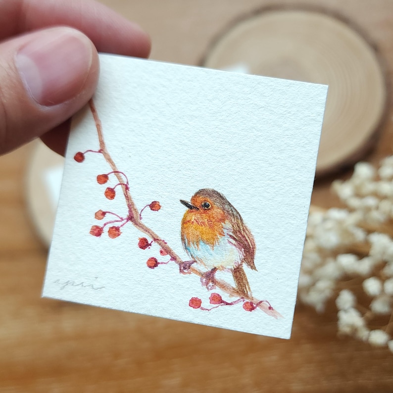 Set of 3 Original Mini Watercolor Winter Birds Hand-painted by Yui ...