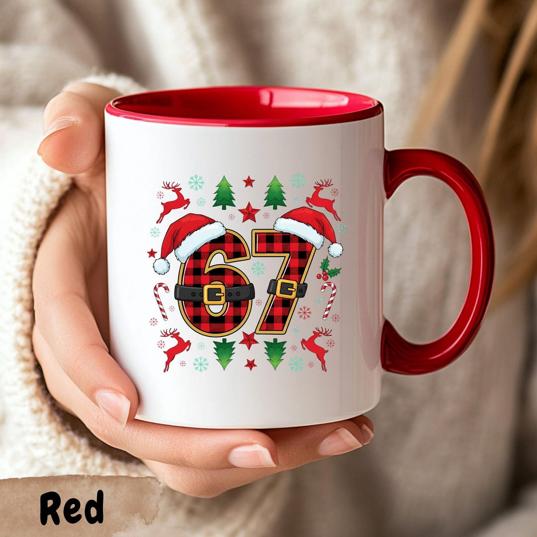 Christmas 67 Mug, Funny Six Seven Holiday Cup, Plaid Santa Belt ...