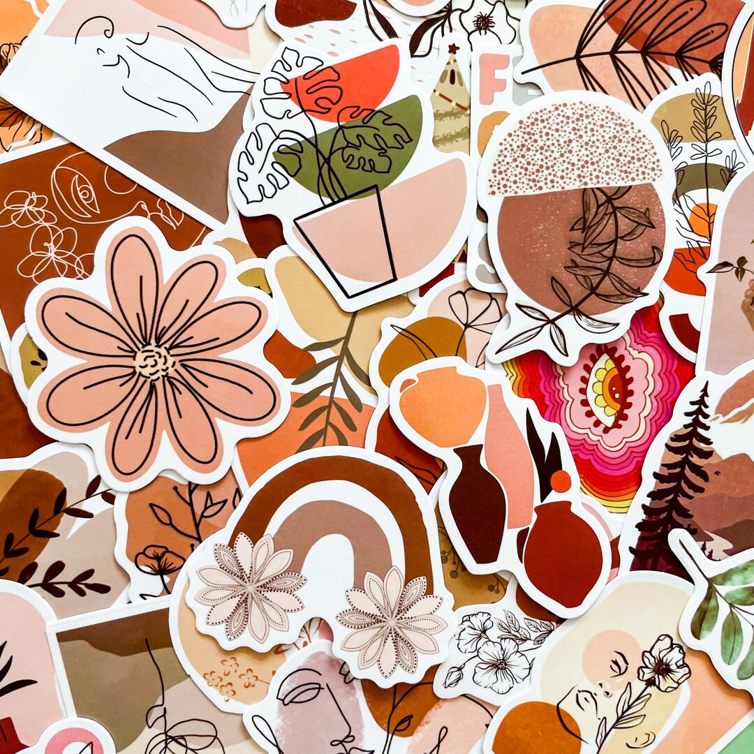Pack of 50 Boho Abstract Stickers, Earth Tone Floral Stickers, Minimal ...