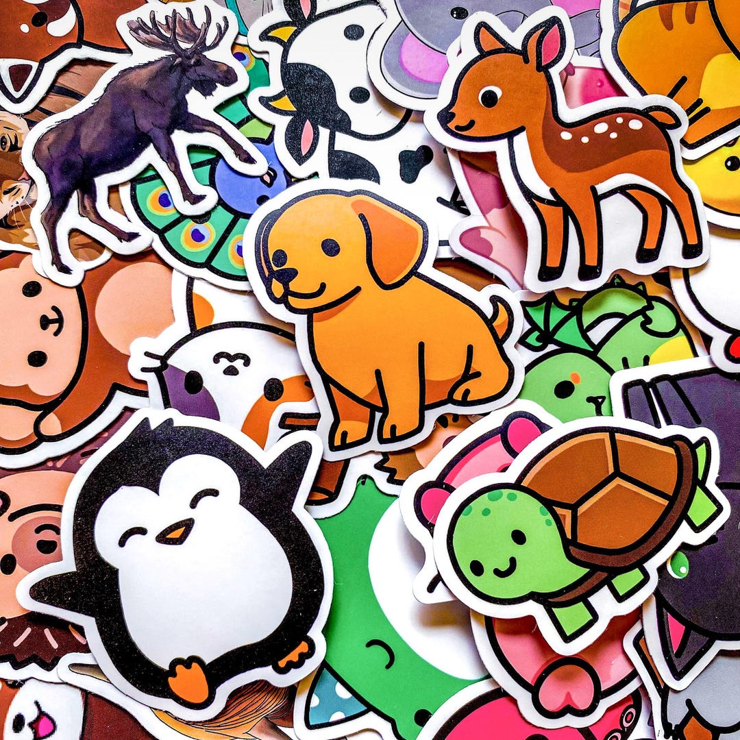 Pack of 50 Cute Animal Stickers, Cartoon Dog Cat Stickers, Kawaii Pet ...
