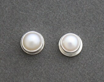 Bezel Set Pearl Earrings - Etsy