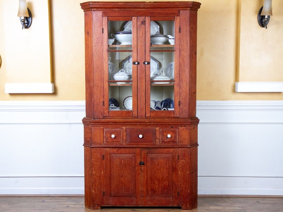 Antique Early 19th Century Large Country Pine Corner China Cabinet Cupboard Etsy