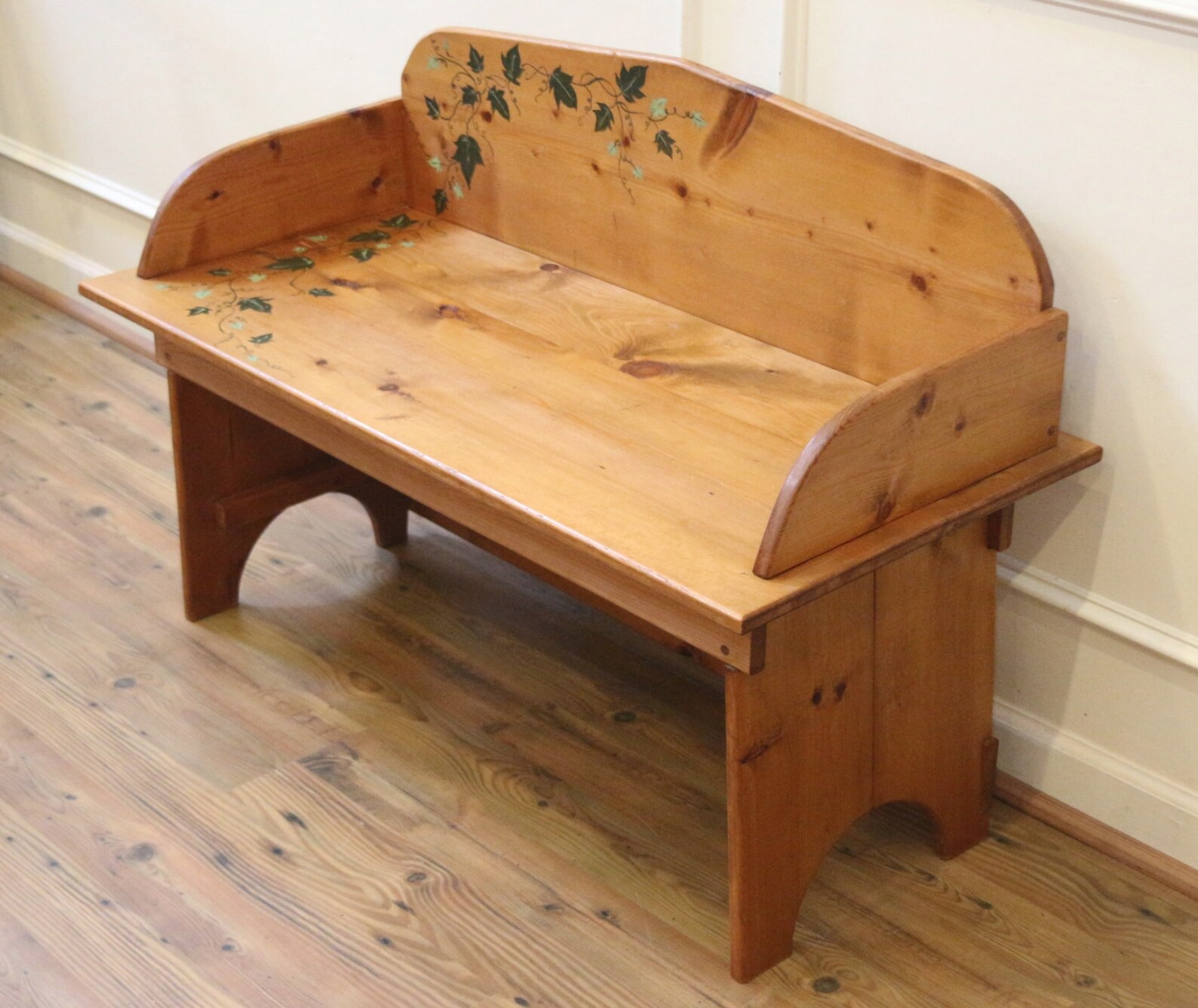 Vintage Rustic Wooden Pine Bench With Hand Painted Ivy. English C.1980 ...
