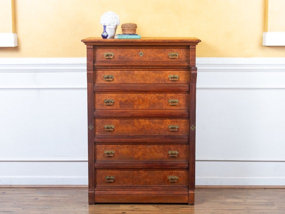 Antique Eastlake Burled Walnut Lock Side Tall Chest of Drawers Dresser. Etsy