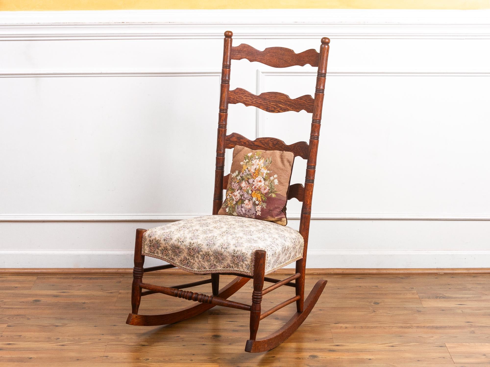 Antique Golden Oak Ladder Back Rocking Chair With Upholstered Seat Etsy