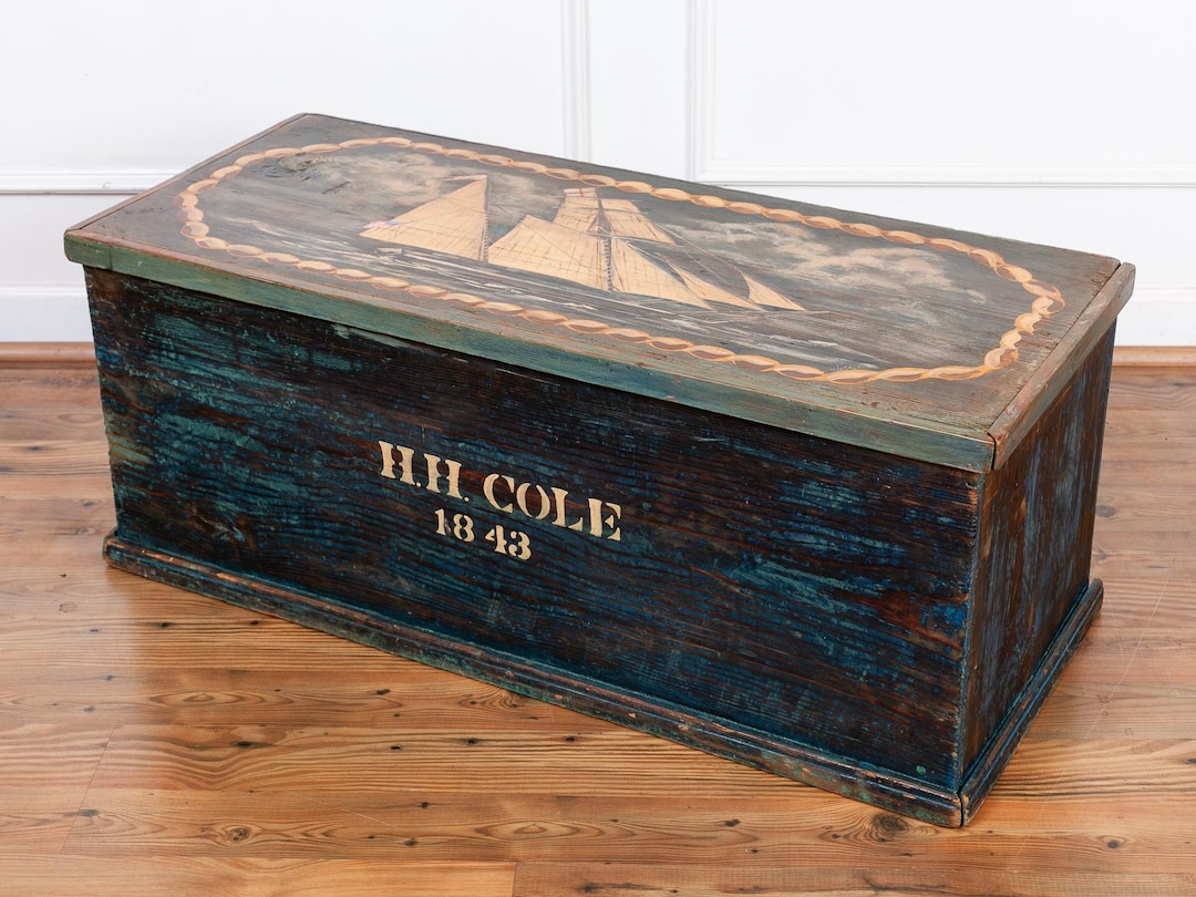 Antique Pine Hand Painted Folk Art Ship Chest. H.H. Cole 1843 - Etsy