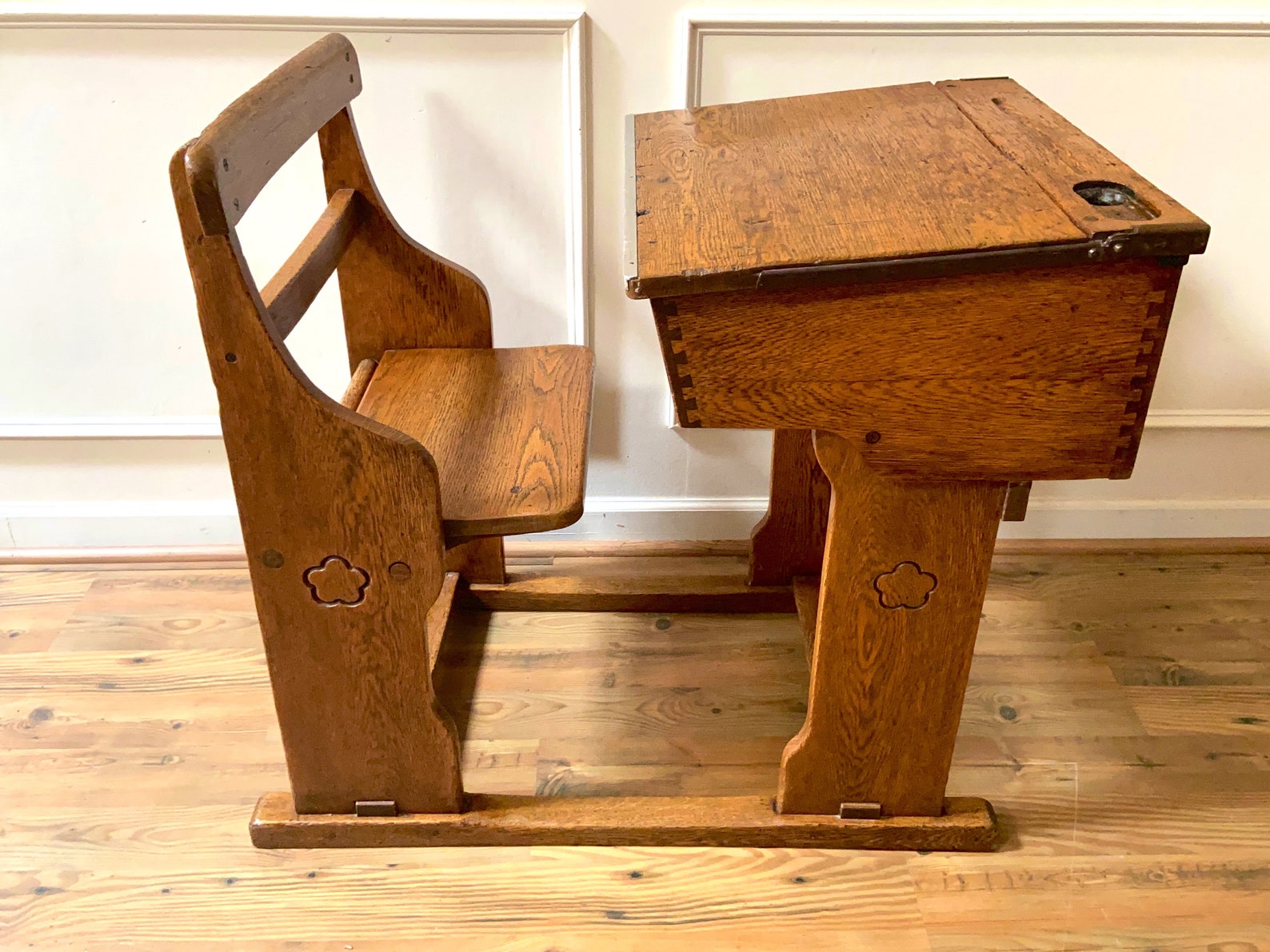 Vintage Oak Slant Top School Desk With Attached Bench. - Etsy