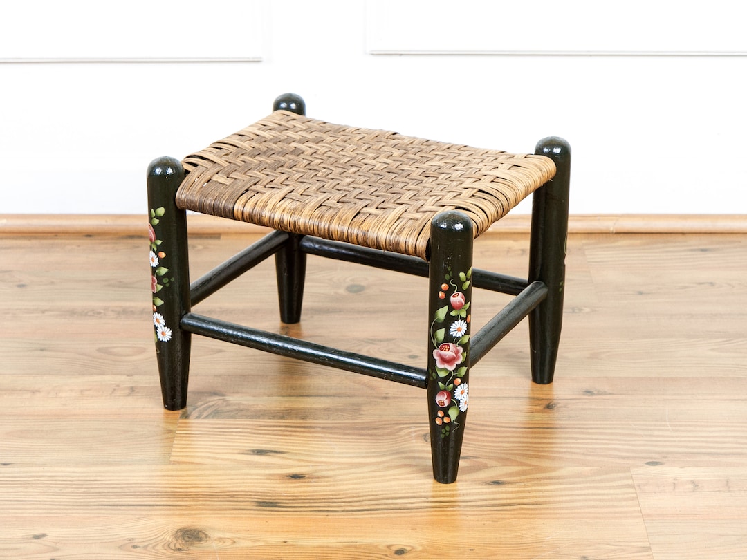Vintage Hand Painted Small Wooden Footstool With Woven Reed Seat. - Etsy