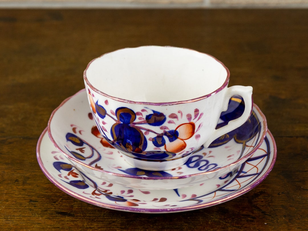 Antique Gaudy Welsh Tea Cup, Saucer & Side Plate Trio 19th C. British ...
