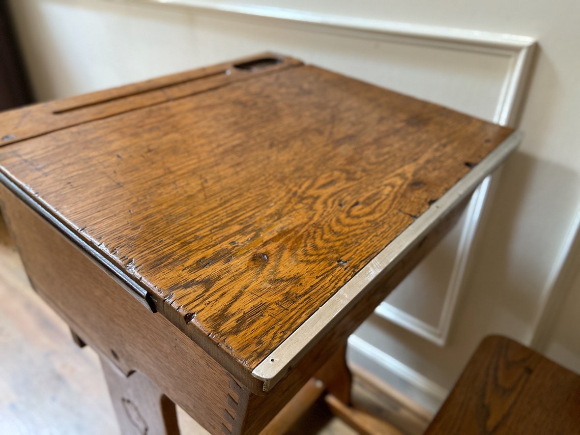 Vintage Oak Slant Top School Desk With Attached Bench. - Etsy