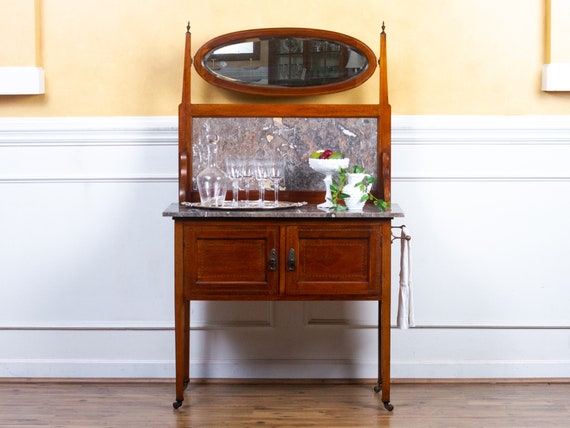 Antique English Edwardian Inlaid Mahogany Marble Top Mirror Back Washstand Etsy
