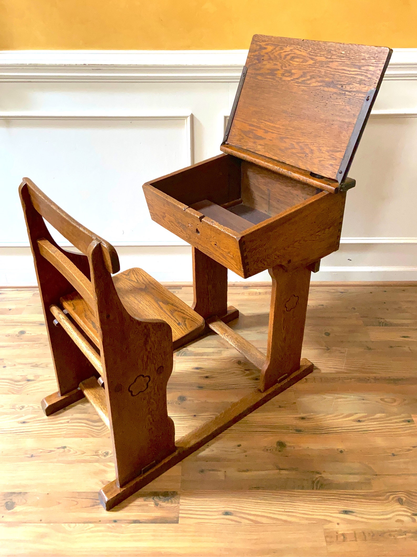 Vintage Oak Slant Top School Desk With Attached Bench. - Etsy
