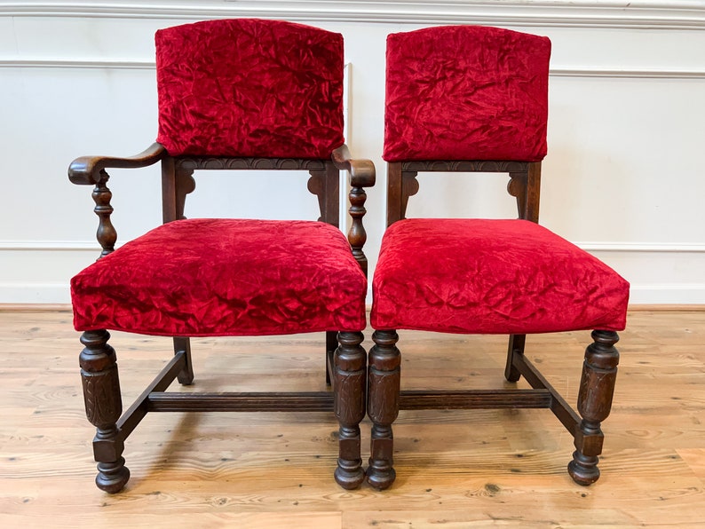 Set of 6 Antique Carved Oak Dining Chairs With Red Crushed Velvet ...