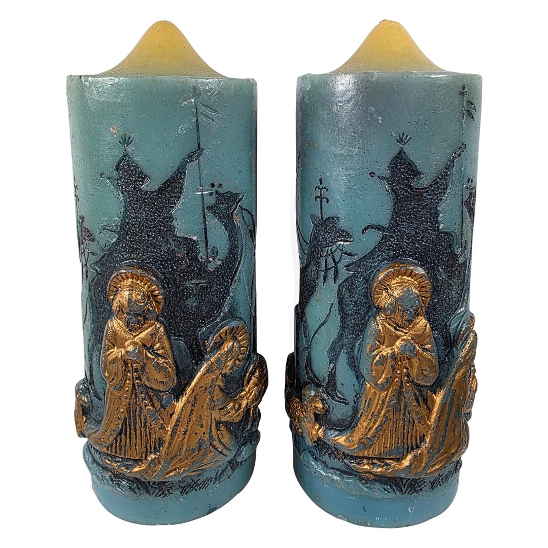 Vintage Nativity Candles Set: Holiday Gold Detail Pillar Candles - Etsy