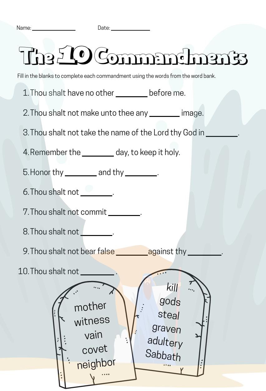 10 Commandments Worksheet for Kids | Bible Fill in the Blank Printable ...