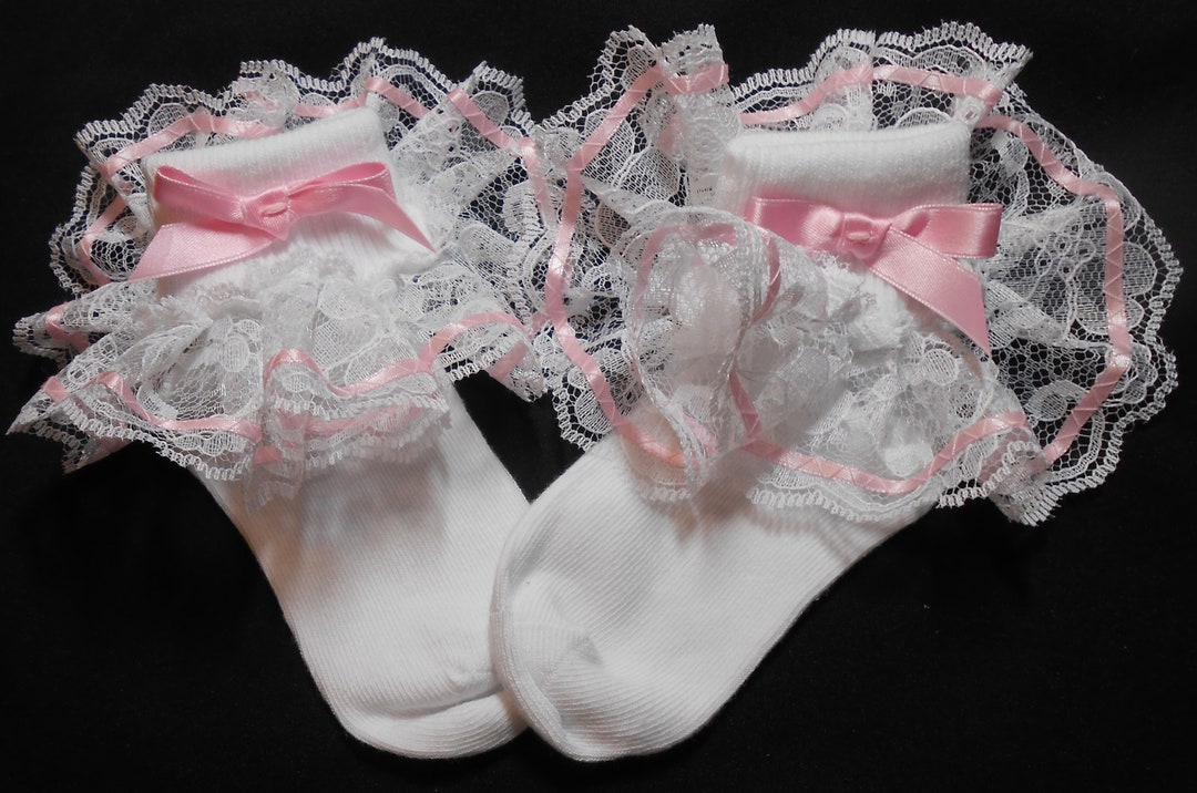 Lacy Socks With Pastel Pink Ribbon and Wide Lace - Etsy